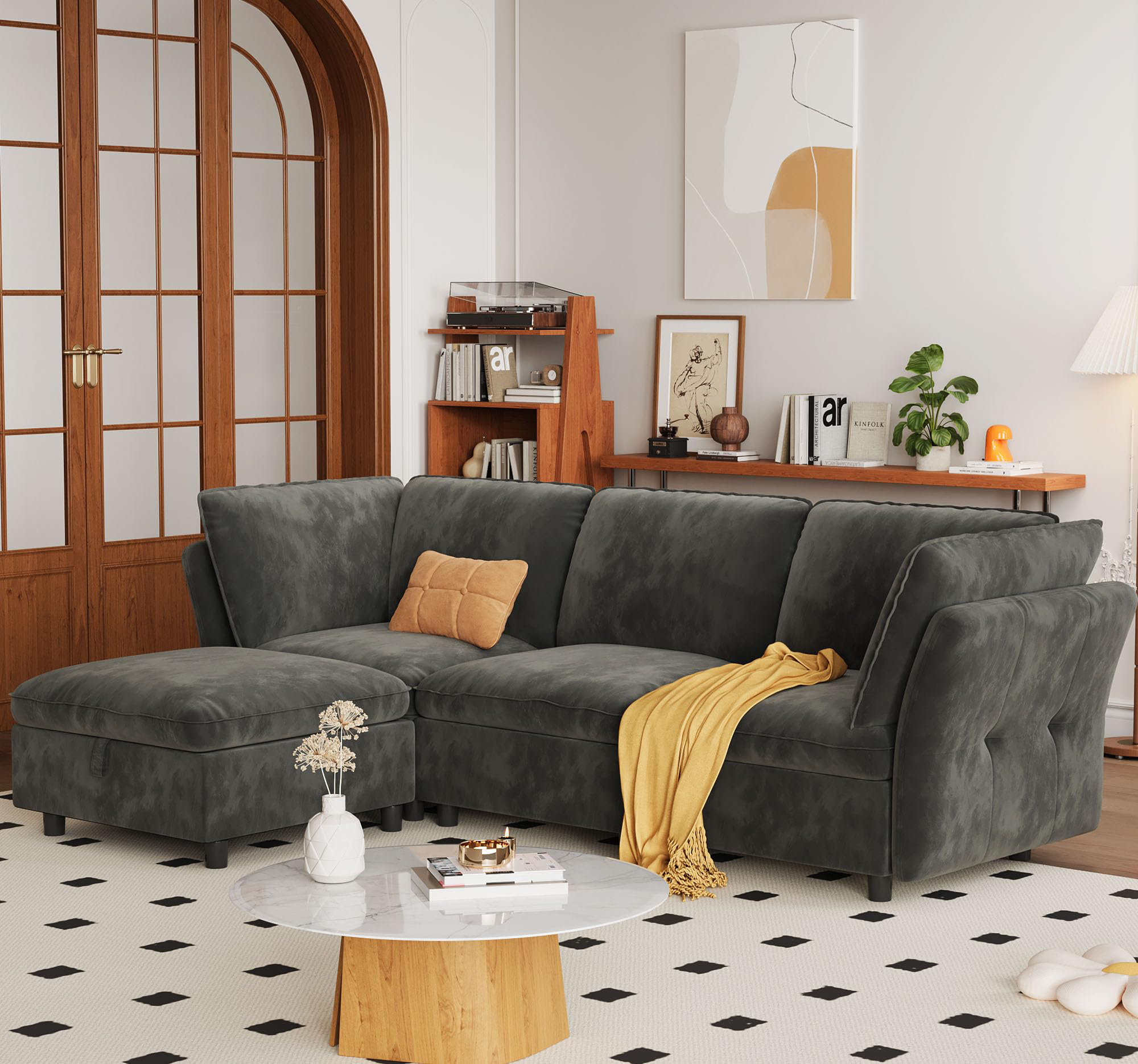 Latitude Run® Modular Sectional Sofa, 97" L Shape 3 Seater Sofas With Ottoman And Pillows ...